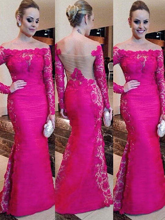 Charming Long Sleeve Lace Real Made Prom Dresses,long Evening Dresses ...